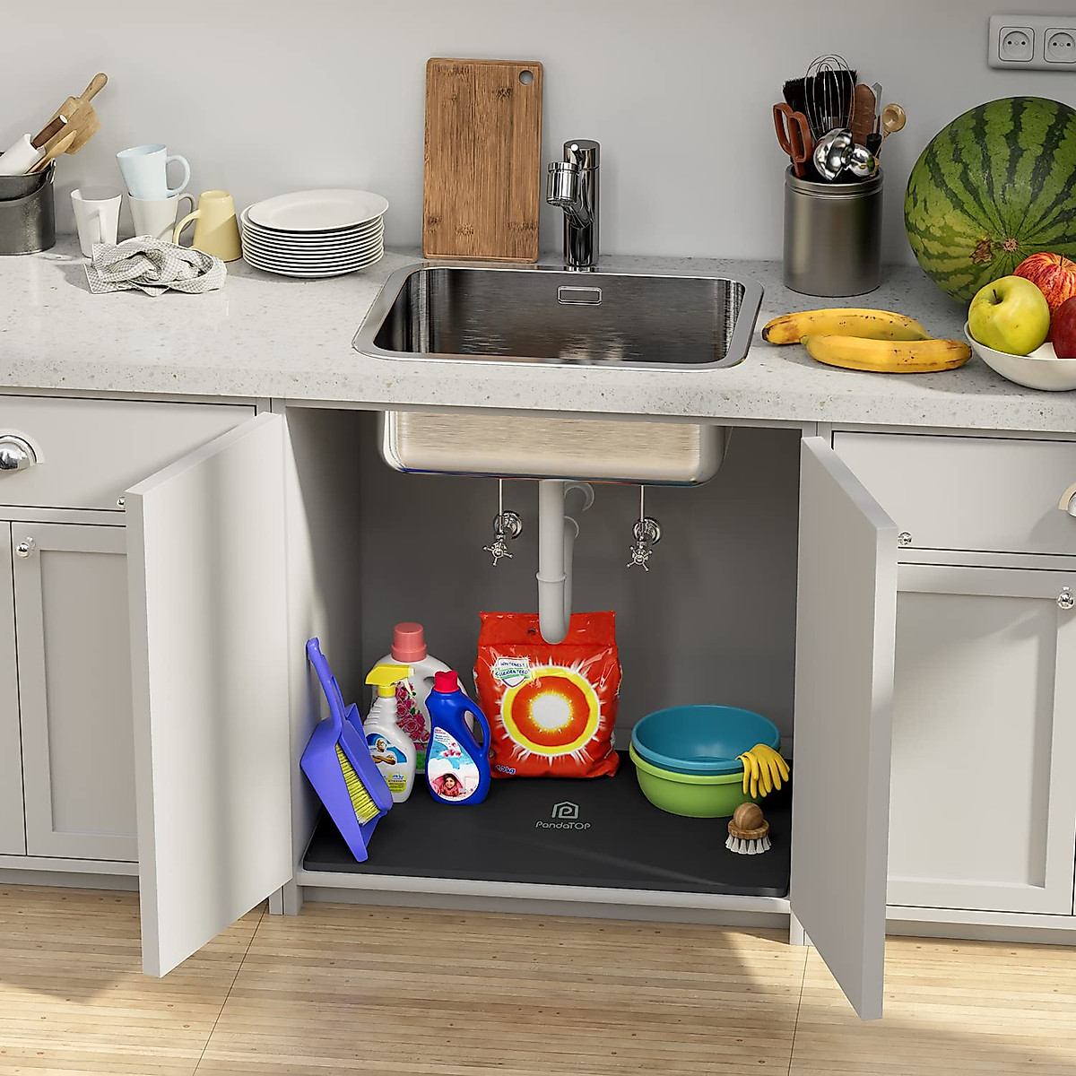 Under Sink Mat, 28" x 22" Silicone Kitchen Cabinet Tray, Waterproof & Flexible Under Sink Liner for Kitchen Bathroom and Laundry Room(Beige)