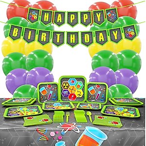 Blue Orchards Science Party Deluxe Party Supplies Pack (143 Pieces for 16 Guests) - Science Party Decorations, Chemistry Party, Mad Scientist Birthday, Plates and Napkins, Science Party Favors