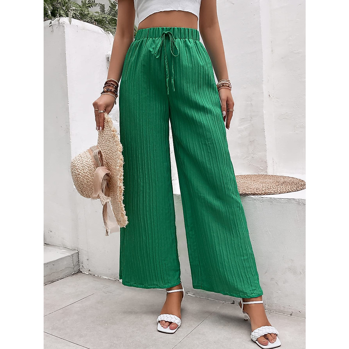 SweatyRocks Women's Boho Elastic Waist Pleated Pants Wide Leg Palazzo Pants Loose Trousers Solid Green XL