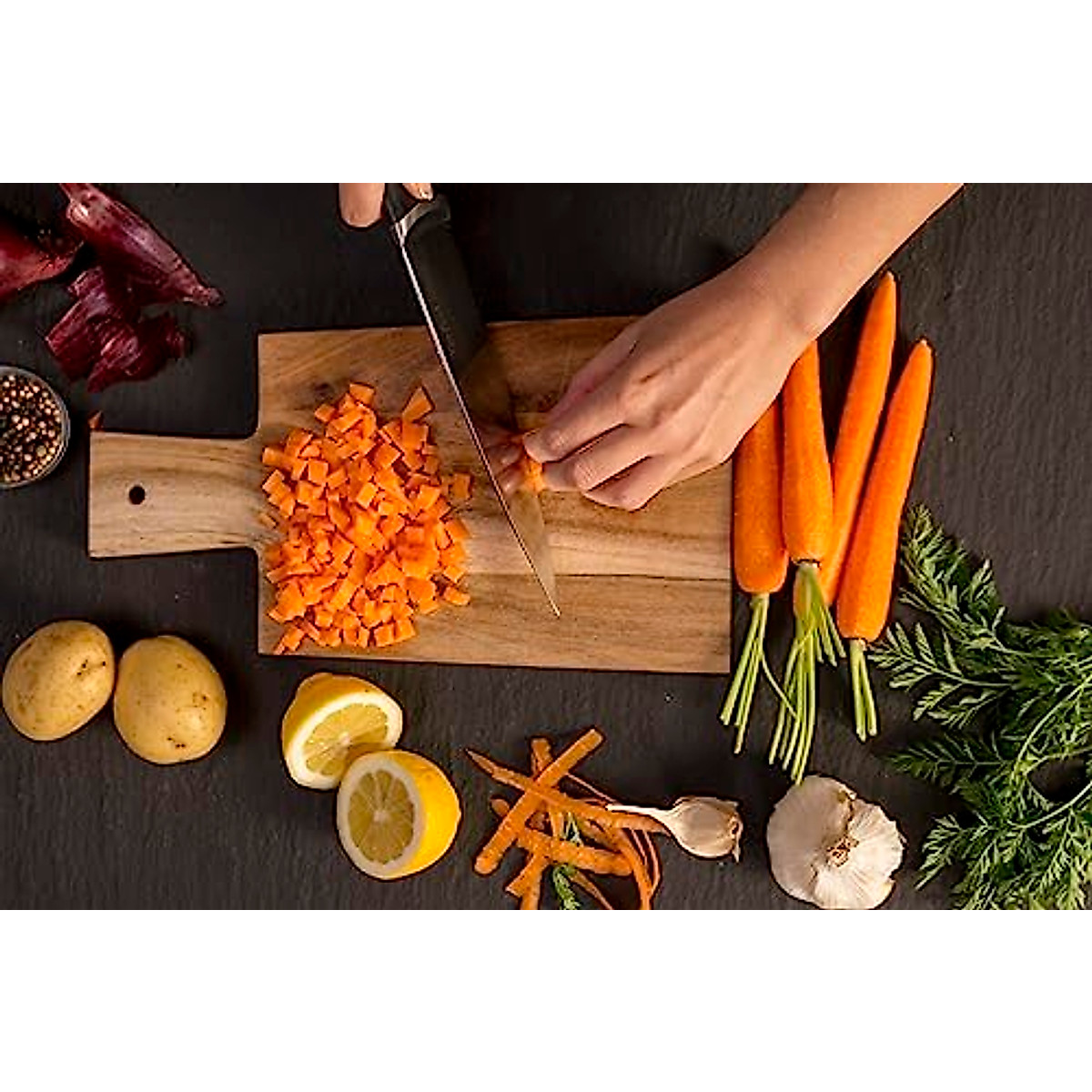 Tefal Ice Force K232S574 Wooden Block with 5 Slots and 5 Knives: Bread Knife 20 cm / Chef Knife 20 cm / Santoku Knife 18 cm / Paring Knife 11 cm / Carving Knife 9 cm