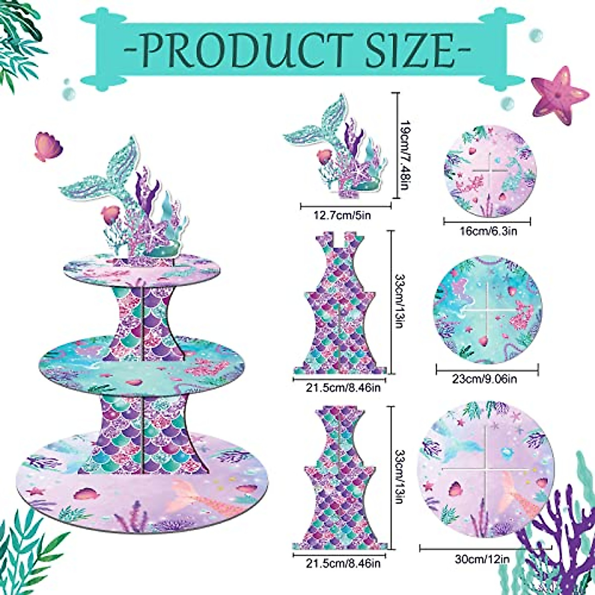 25Pcs Mermaid Cupcake Stand Mermaid Cupcake Toppers and Wrappers 3 Tier Cupcake Stand Holder Mermaid Dessert Table Cake Decor for Wedding, Showers, Birthdays Party Decoraton Supplies