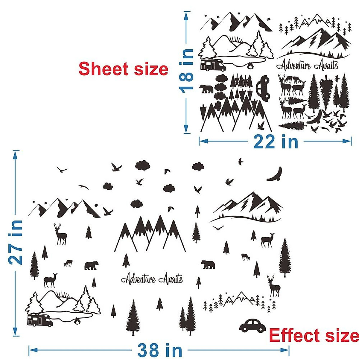 ANFRJJI Forest Theme Wall Decals - Dreamy Forest with Pine Tree, Deer, and Bears - Wild Mountain & Jungle RV Camping Wall Sticker - Adventure Awaits Wall Art | PVC Removable Wall Decals for Children's Room Decor effect 27"x38" Inches JWH206 (black RV camp