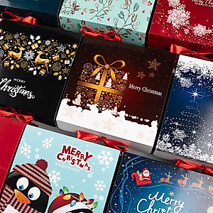 ARTLYMERS Christmas Gift Boxes with Lids, 12 Pack Gift Boxes and Red Ribbon Christmas Themed Pattern Small Gift Boxes for Christmas Presents Gifts Easy Assemble