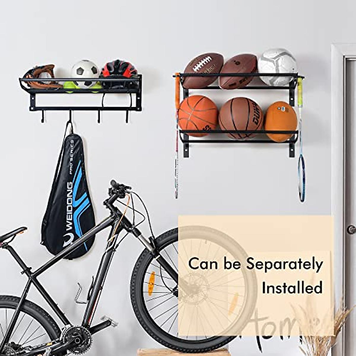 Sunix Garage Sports Equipment Storage, Basketball Rack with 3 Racks, Sports Equipment Organizer Wall Mount Shelf with 4 Hooks for Rackets, Sports Equipment Storage Rack, basketball Rack