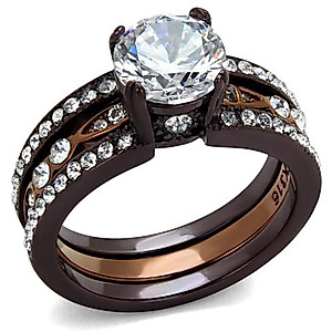 Marimor Jewelry 2.75 Carat Round Cut Cubic Zirconia Chocolate Stainless Steel Wedding Ring Set Women's Size 7