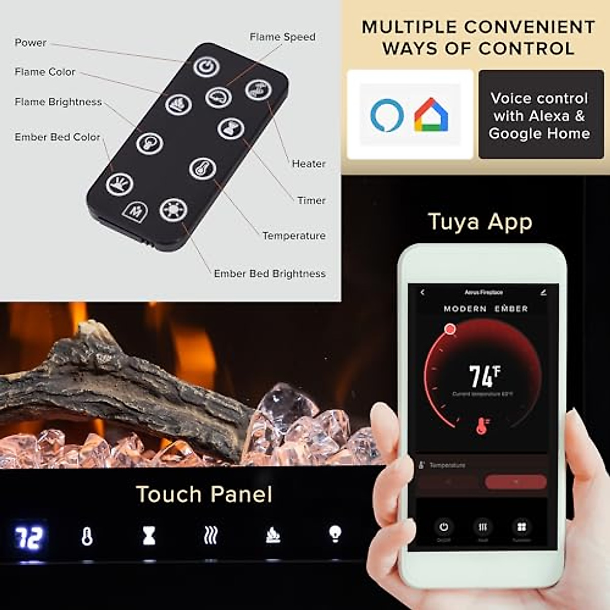 Modern Ember Aerus 60 Inch Smart Linear Electric Fireplace - Recessed in-Wall and Wall-Mount, Multiple Flame Colors, Compatible with Alexa and Google Assistant