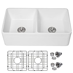 33 White Double Bowl Kitchen Sink - Lordear 33 Inch Farmhouse Kitchen Sink Double Bowl 50/50 White Fireclay Ceramic Porcelain Apron Front Farm Double Basin 50/50 Farmer Kitchen Sink Basin