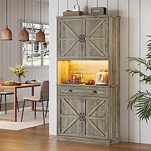 UPOSOJA Farmhouse Kitchen Pantry Cabinet with Operation Table, 72.6" Storage Cabinet with LED Lights and Power Strip, Adjustable Shelves for Dining Room, Bathroom, Living Room (White Brown)