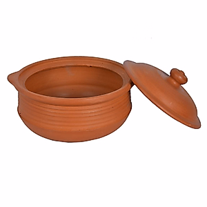 Village Decor Earthen clay cooking pot with lid (Capacity = 1000-1500 ml, Brown)