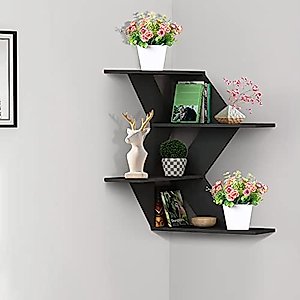 idee-home Corner Shelf Wall Mount, Rustic Hanging Floating Corner Shelf 4 Tier for Corner Wall Shelves Decor, Wood Mounted Decorativa Wall Storage Shelves for Bedroom, Bathroom, Black