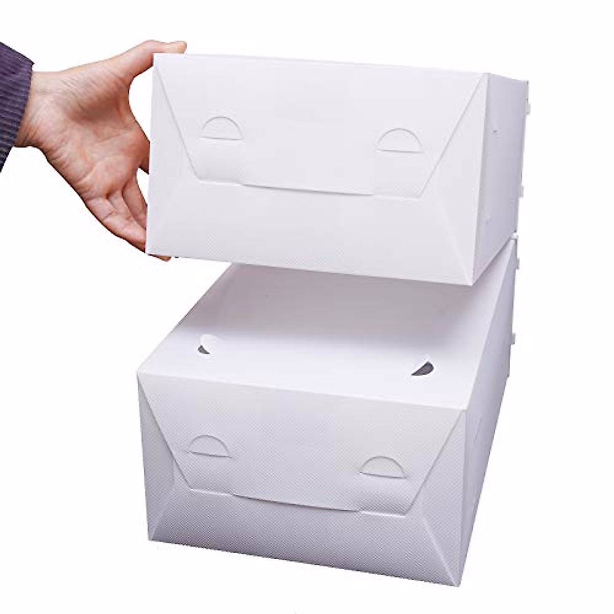 XUANIIIL 12/24 Pack Stackable Shoe Box Set, Plastic Clear Medium/Large Size Foldable Shoe Storage Boxes Home Organizer for Closet Shoe Holder Rack Containers with Lids (White, Standard Size, 20pcs)