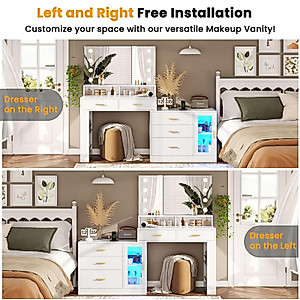 AOGLLATI Makeup Vanity Desk with Mirror and Lights & Charging Station, White Vanity Table with 3 Drawers LED Dresser, Makeup Desk with 3 Lighting Modes, 5 Drawers and Cabinet Storage