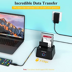 WAVLINK USB 3.0 and USB C to SATA Dual-Bay External Hard Drive Docking Station for 2.5/3.5 Inch HDD/SSD with UASP (6Gbps), Support Offline Clone/Duplicator Function [16TB X2 ]-Black