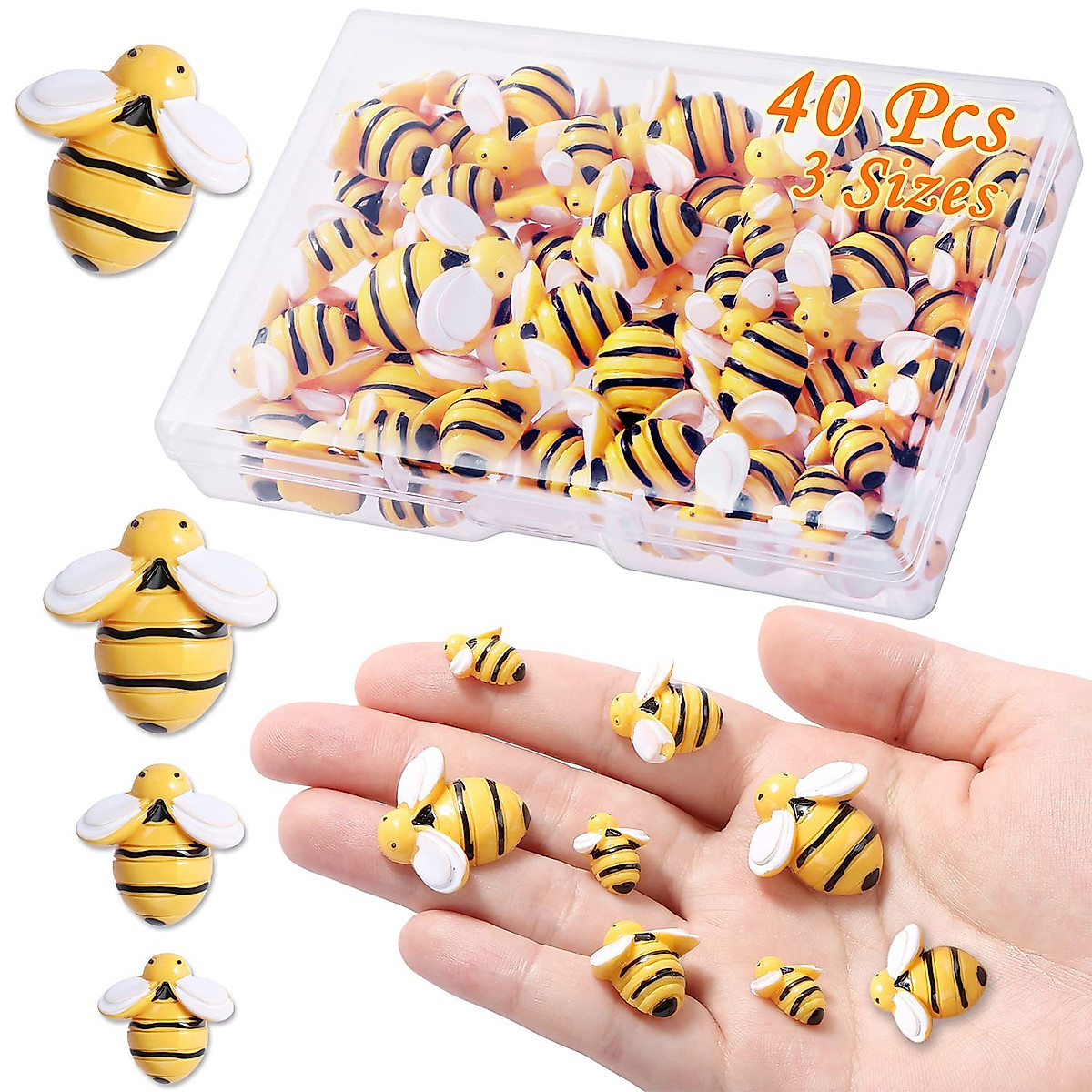 MIKIMIQI 40 Pcs Tiny Resin Bees Decor Bumble Bee Embellishment Resin Bees Craft Decorations with Storage Box for DIY Craft Wreath Scrapbooking Party Home Decor, 0.98 in, 0.74 in, 0.55 in