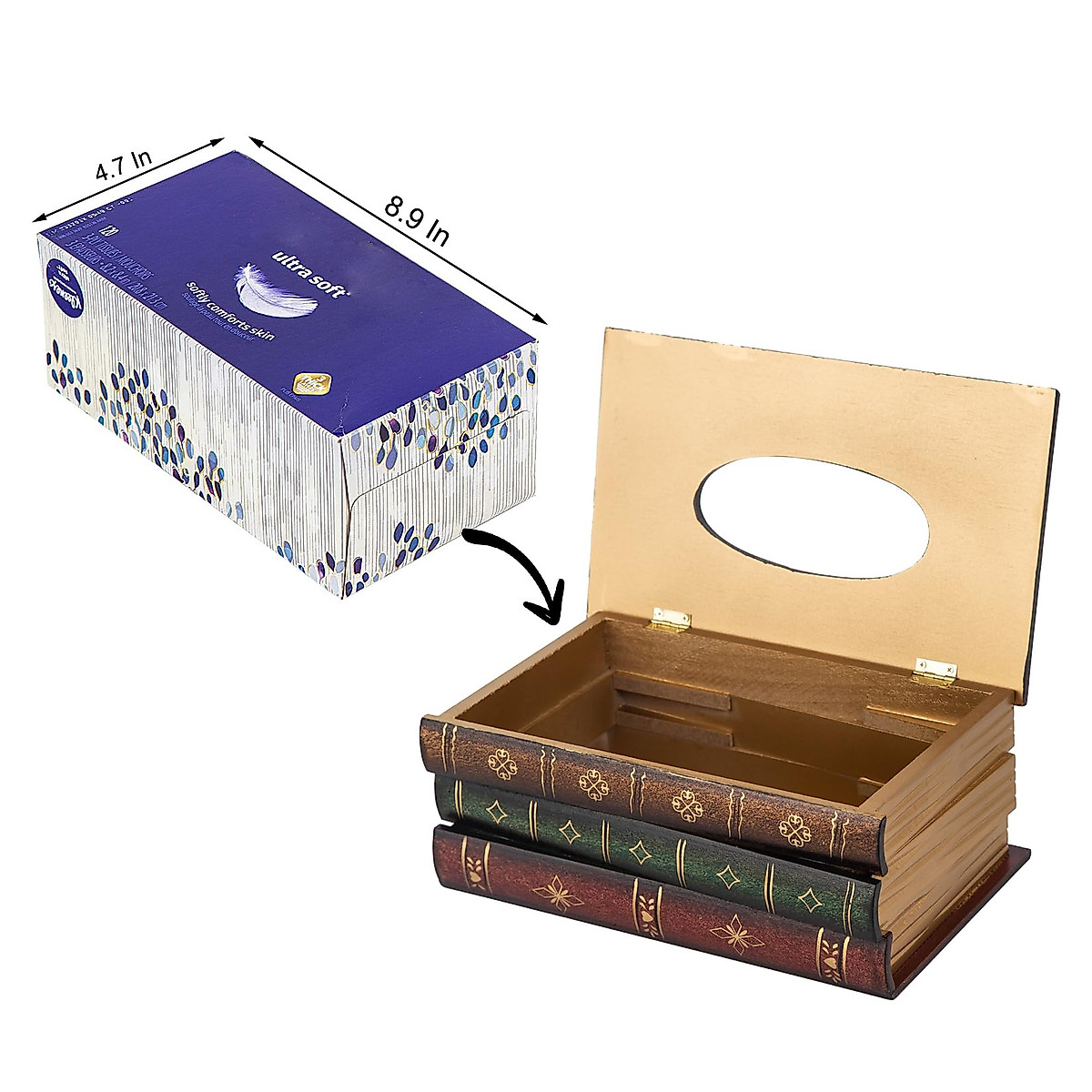 Crafted Classical Retro Wooden Antique Book Tissue Box Cover Rectangular Tissue Holder Dispenser Paper Cover Case Napkin Holder Home Decor for Bathroom living room office car kitchen