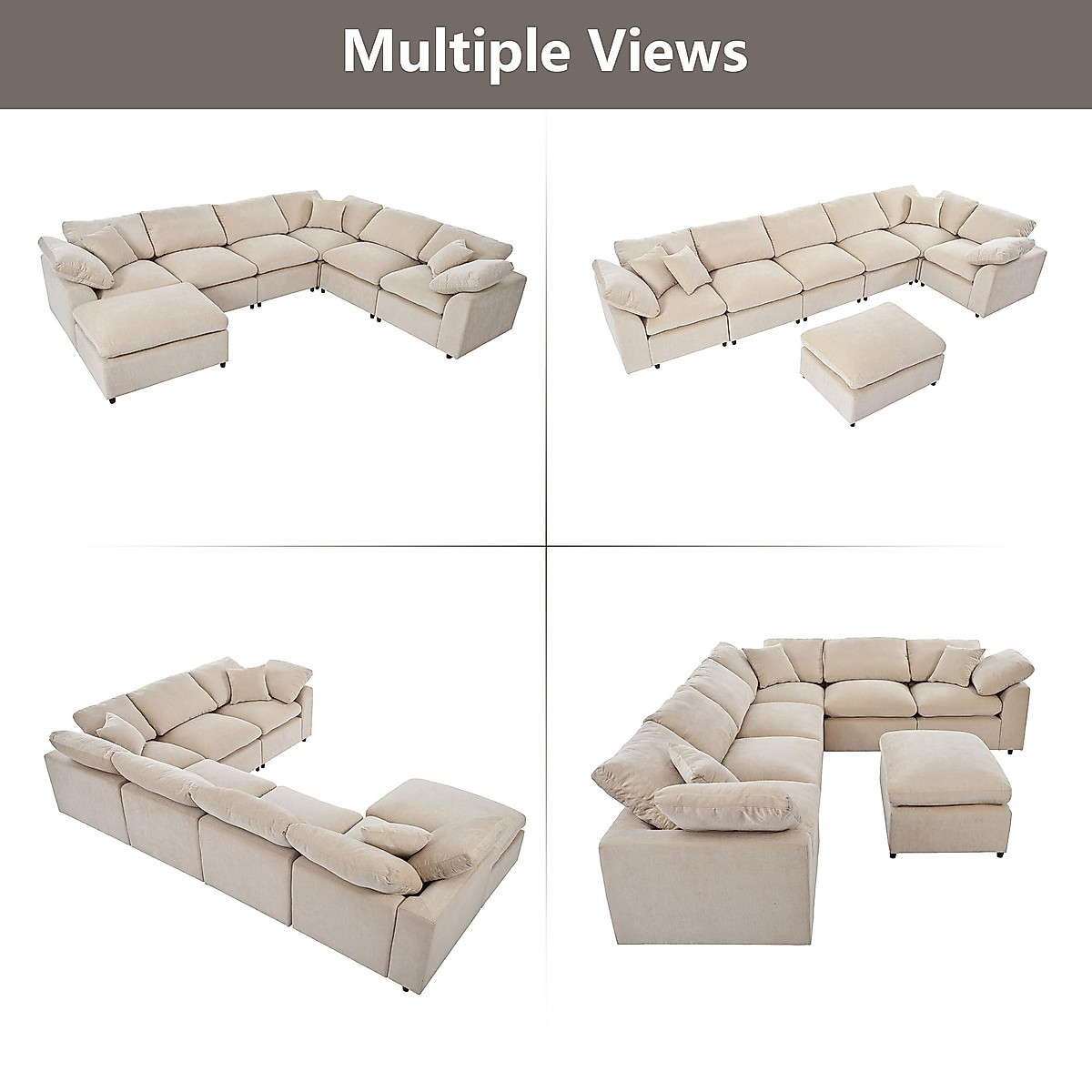 VEPXXP Oversized Modular Sectional Sofa Couch, 7 Seater Corner Sofa Modern U Shaped Sectional Couch with Ottoman Cloud Couches for Living Room, Office, Spacious Space