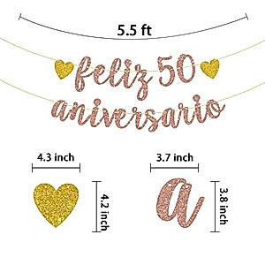Feliz 50 Aniverasrio Banner, Rose Gold Glitter Happy 50th Anniversary Sign, 50th Birthday Wedding / Aniverasrio / Cheers to 50 Years Party Decorations Supplies