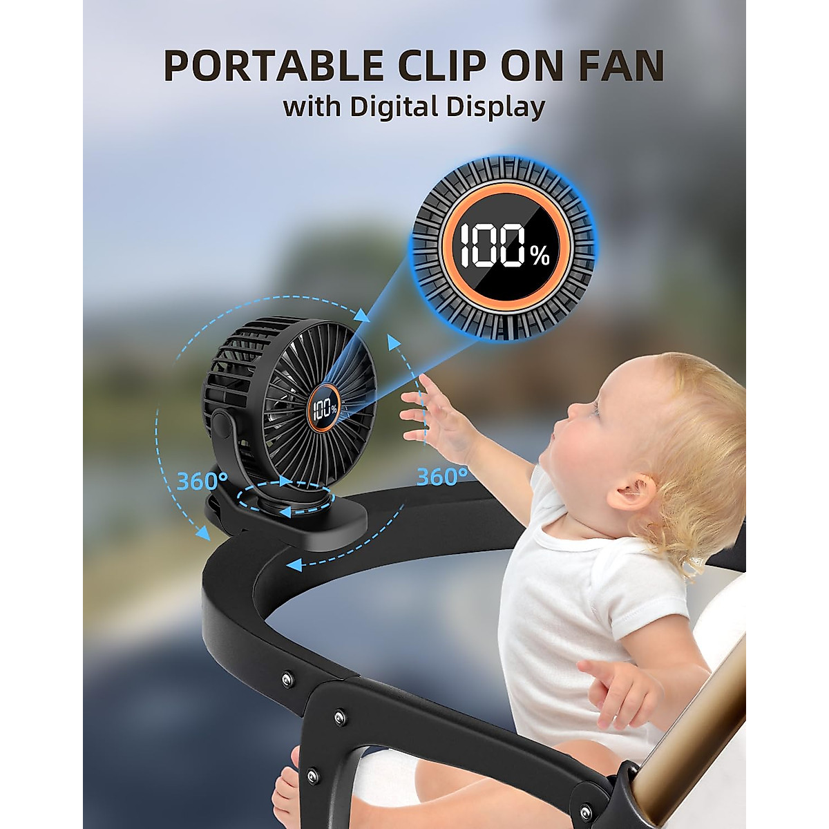 TUNISE Mini Clip on Fan, Battery Operated Desk Fan, Digital display，3 Speeds Adjustable, Bidirectional 360 ° Adjustable, Super Strong Wind, Portable Fan for Home Office Stroller Camping Black