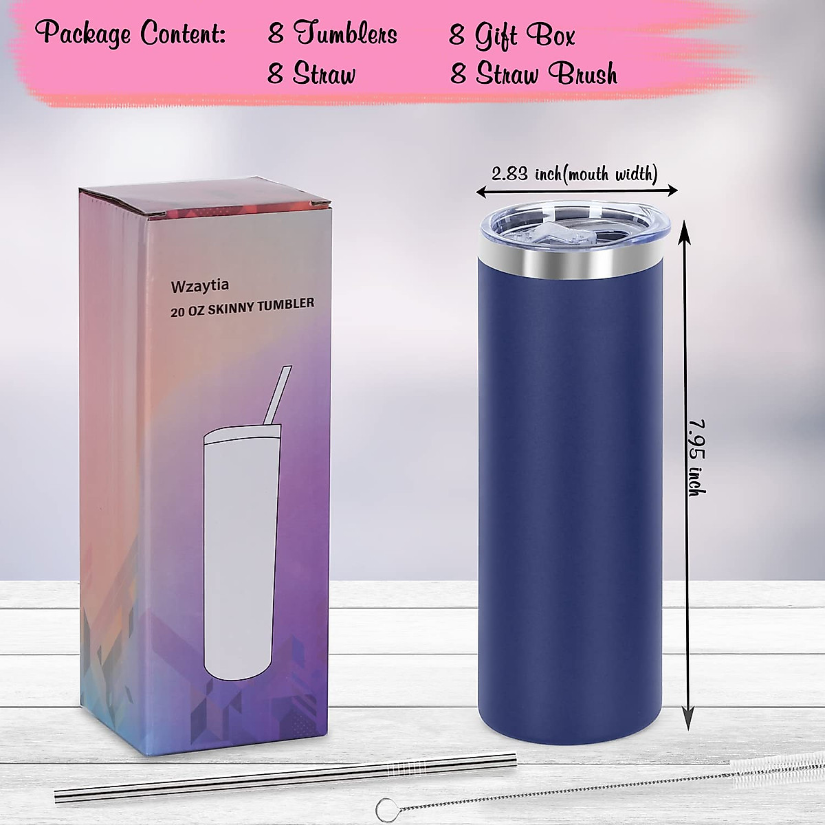 Wzaytia 8 Pack 20 Oz Skinny Tumblers Straight, Stainless Steel Skinny Tumbler Bulk, Individually Gift Boxed, Insulated Slim Thin Travel Tumbler Cup, Mixed Color