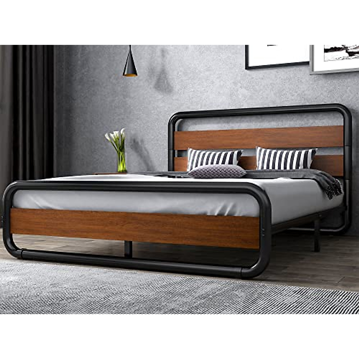 SHA CERLIN Full Size Metal Bed Frame with Wooden Headboard and Footboard, Heavy Duty Platform Frame with Under-Bed Storage, Noise Free, No Box Spring Needed, Walnut