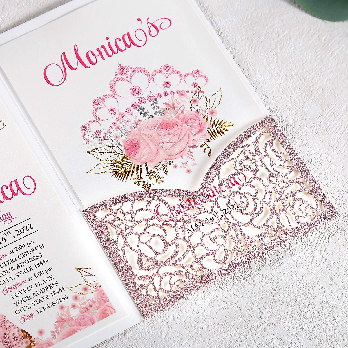 DreamBuilt 4.7x7 inch 50PCS Blank Rose Gold Glitter Quinceanera Invitations Kit, Laser Cut Hollow Rose Quinceanera Invitation Cards with Envelopes