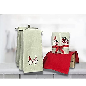 Christmas Fingertip Towel Set: Gnome Present Like Your Present, Grey Hand Towels with Red White Embroidery Jolly Gnome Present, Set of 2