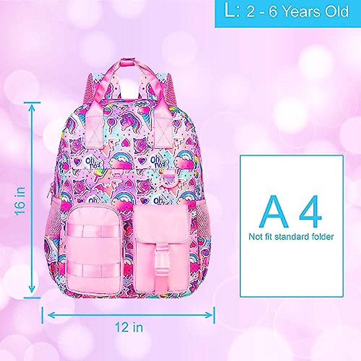 Backpack for Girls, 16” Kids Unicorn Preschool Elementary Bookbag, Cute Lightweight Water Resistant Travel School Bag for Little Girls With Chest Strap