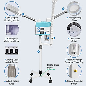 FLOLXNB Facial Steamer, Professional 3 in 1 Cool/Hot Mist Facial Steamer with 8X Magnifying LED Lamp, Face Steamer On Wheels for Salon Spa Beauty Skin Care