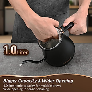 RONGBEST Electric Gooseneck Kettle, 6 Temperature Control Presets, Pour Over Kettle for Coffee & Tea, Quick Heating, Stainless Steel Inner Lid & Bottom, 1200W 1L, Matt Black