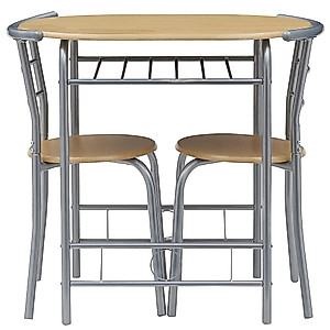 VECELO 3 Piece Wood Round Table & Chair Set for Dining Room Kitchen Bar Breakfast, with Wine Storage Rack, Space Saving, Natural