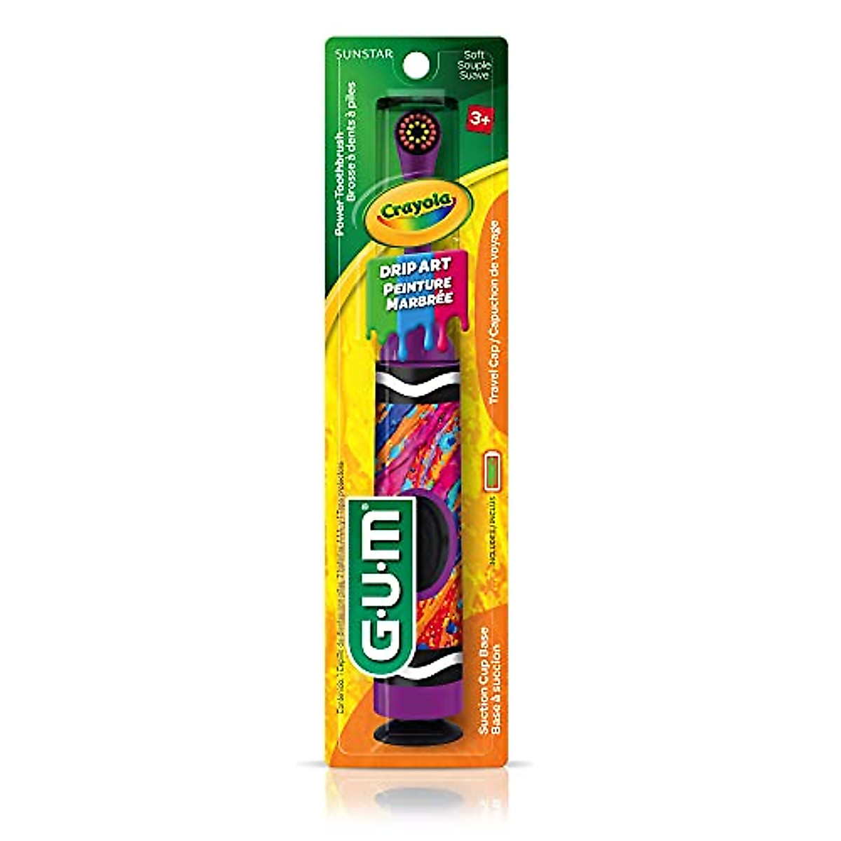 GUM Crayola Power Toothbrush for Kids, Extra Soft Bristled Toddler Toothbrushes, Travel Cap + Suction Cup Base, Batteries Included, 1ct (4pk)