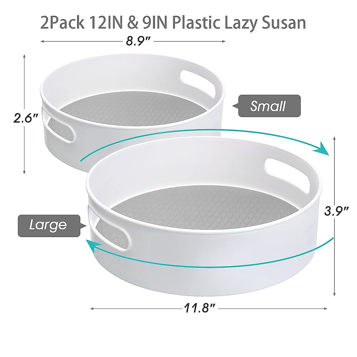 Jeko 2 Pack Plastic Lazy Susan Turntable Storage Container Non-Skid Lining Kitchen Spinning Cabinet Organizers, 9" & 12" Rotating Spice Organizer for Fridge, Pantry, Countertop, Vanity