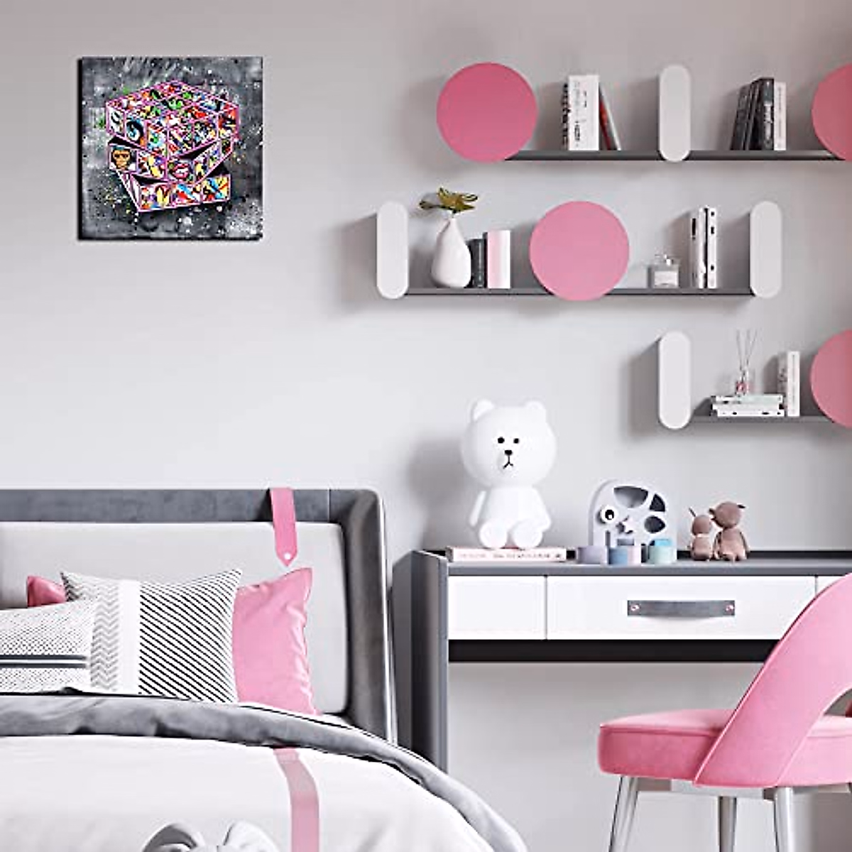 ZHAOSHOP Pink Wall Decor - Banksy Canvas Wall-Art for Bedroom - Graffiti Wall Art Poster - Abstract Painting Pop Art Ready to Hang Size 14"x 14"