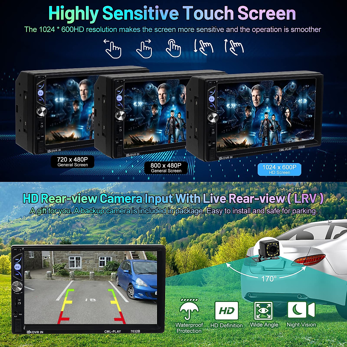 ACTASIAN Double Din Car Stereo with Apple Carplay and Android Auto,7 Inch Touchscreen Car Radio with Backup Camera,Bluetooth,Mirror Link,FM/MP3/USB/TF/SWC/Subwoofer,Aux Input