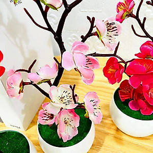 Artificial Flower in Pot Bonsai Realistic Anti Fade Faux Silk Flower Fake Plum Blossom Flower Plants Tabletops Potted Flowers Ornaments Home Hotel Garden Wedding Office Table Decoration White