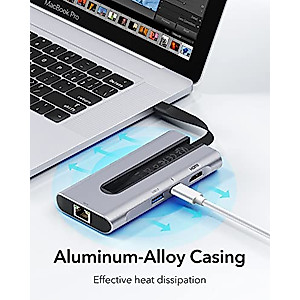 ESR 8-in-1 Portable Hub, USB-C Hub with Gigabit Ethernet, 4K@30Hz HDMI, 100W PD, 2 USB 3.0 Ports, 1 USB 2.0 Port, SD Card Reader, Compatible with iPad 10/Pro 11/12.9, MacBook Pro, and USB-C Devices