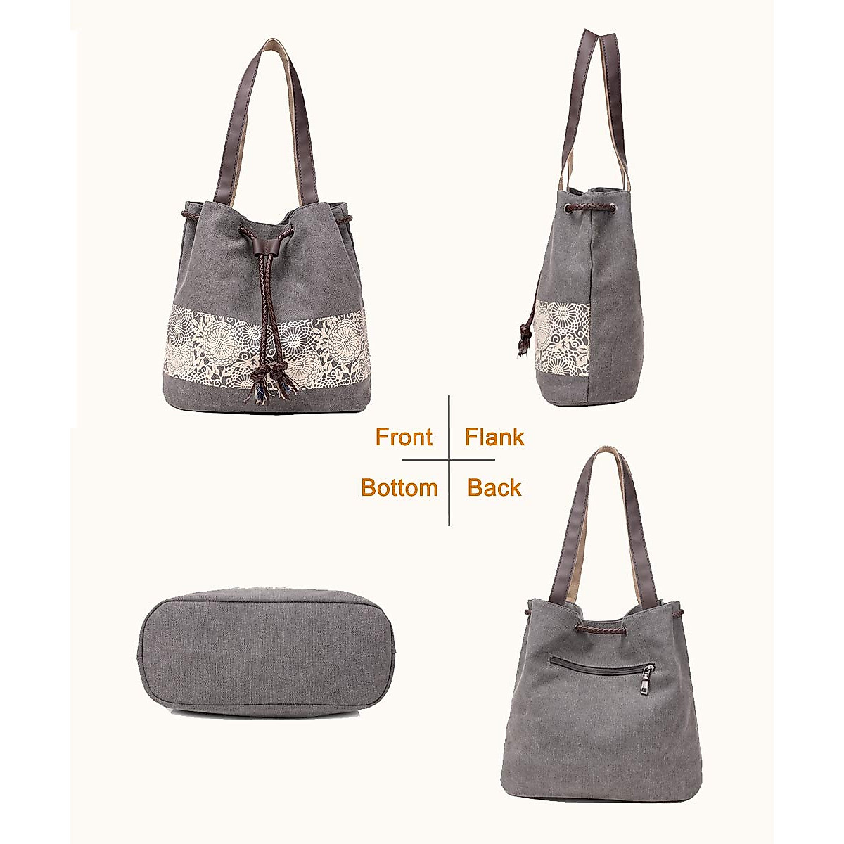 Women Printing Canvas Shoulder Bag Casual Hand Bags Purse Retro Tote Bags (Black) Medium