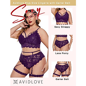 Avidlove Plus Size Lingerie for Women Bra High Waist Panties Set Garter Lingerie Set Purple