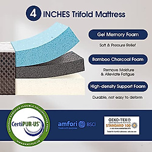bedluxury 4 Inch Tri Folding Mattress Single Bed with Storage Bag, Foldable Memory Foam Topper Portable Floor Guest Bed with Removable Bamboo Cover, Breathable Washable