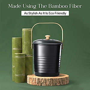 Bamboo Fiber Compost Bin Kitchen Counter - Stylish Indoor Compost Bucket for Kitchen Countertop - Includes 2 Charcoal Filters 15mm Thick - Recycling Trash Food Waste Composter Bins (Black)