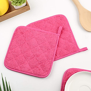 100% Cotton Kitchen Everyday Basic Terry Pot Holder Heat Resistant Coaster Potholder for Cooking and Baking Set of 5 (Dark Pink, Potholder)