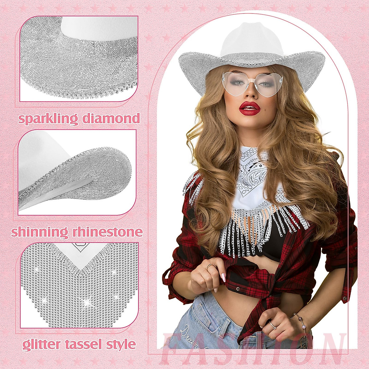 Silicherry Rhinestone Cowboy Hat Glitter Cowgirl Hat with Glasses Headscarf for Men Women Adult Bling Cowboy Costume Cosplay(White, Classic Style)