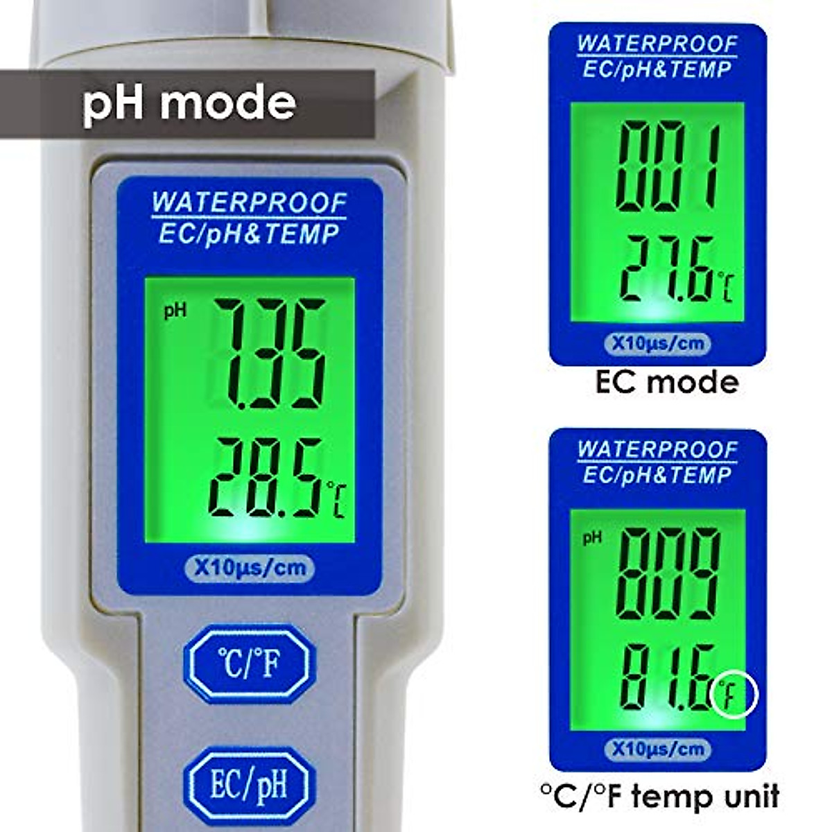 3 in 1 Water Quality Multi-Parameter pH EC Temperature Meter Tester Monitor Sensor Probe Test Kit ATC Waterproof Black-Light for Aquariums Hydroponics Laboratory Pool Spa Drinking Water