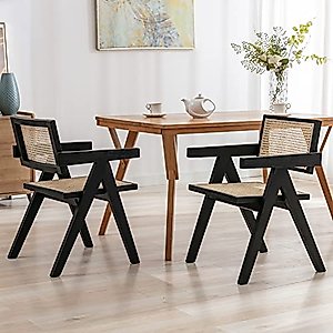 ZHENGHAO Rattan Dining Chairs Set of 2, Mid Century Modern Chairs with Mesh Back, Accent Cane Kitchen Chairs Comfy Side Chair with Arms for Dining Room/Restaurant/Living Room, Black