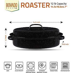 Bovado 15.5" Enamel Oval Turkey Roaster with Lid - 12lb Capacity, Nonstick, Dishwasher Safe
