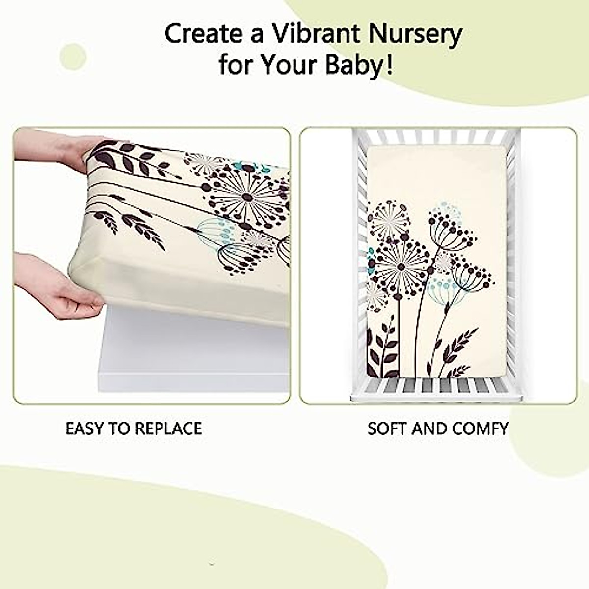 Dandelion Themed Fitted Crib Sheet,Standard Crib Mattress Fitted Sheet Toddler Bed Mattress Sheets - Crib Mattress Sheet or Toddler Bed Sheet,28“ x52“,Purple Blue and Beige