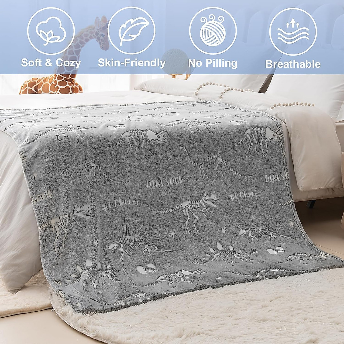Glow in The Dark Blanket Dinosaur Throw Blanket for Boys Kids Soft Warm Cozy Cute Dino Blanket Unique Toys Gifts Gray Glowing Dinosaur Blankets for Girls Teens 50"x60"