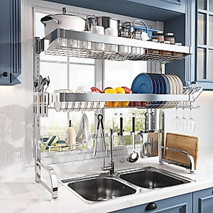 Over Sink Dish Drainer Drying Rack,MAJALiS 3-Tier 304 Stainless Steel Large Dish Racks for Kitchen Counter,Above Sink Organizer,(Sliver, 25.5"-35.5")