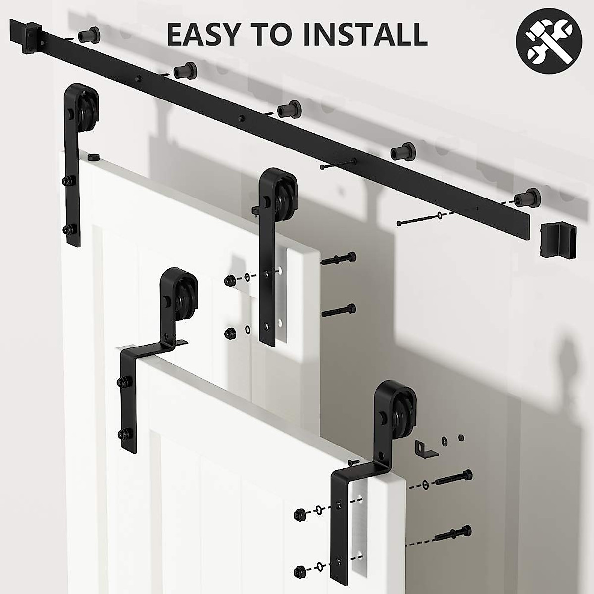 skysen 8FT Heavy Duty Sliding Barn Door Hardware Single Track Bypass Double Door Kit Black(Bypass J Shape-1)