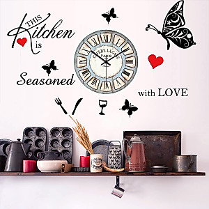 Kitchen Wall Decor Stickers Kitchen Quotes this Kitchen is Seasoned with Love Red Heart Butterfly Wall Sticker Removable Wall Decals Vase Wall Art Sticker for Dinning Room Kitchen Restaurants Home